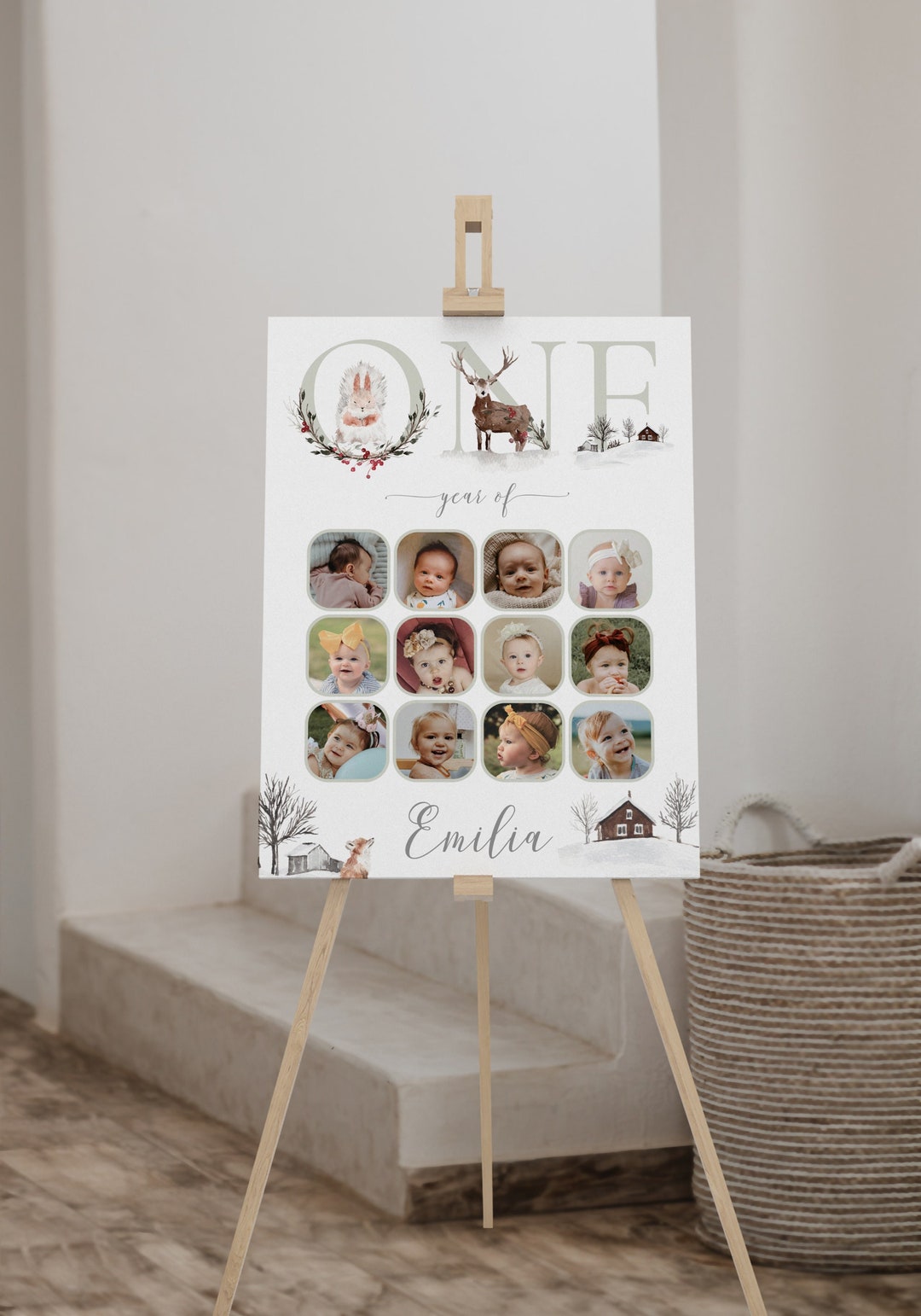 Winter 1st Birthday Photo Collage Template, Minimalist Baby 12 Month ...