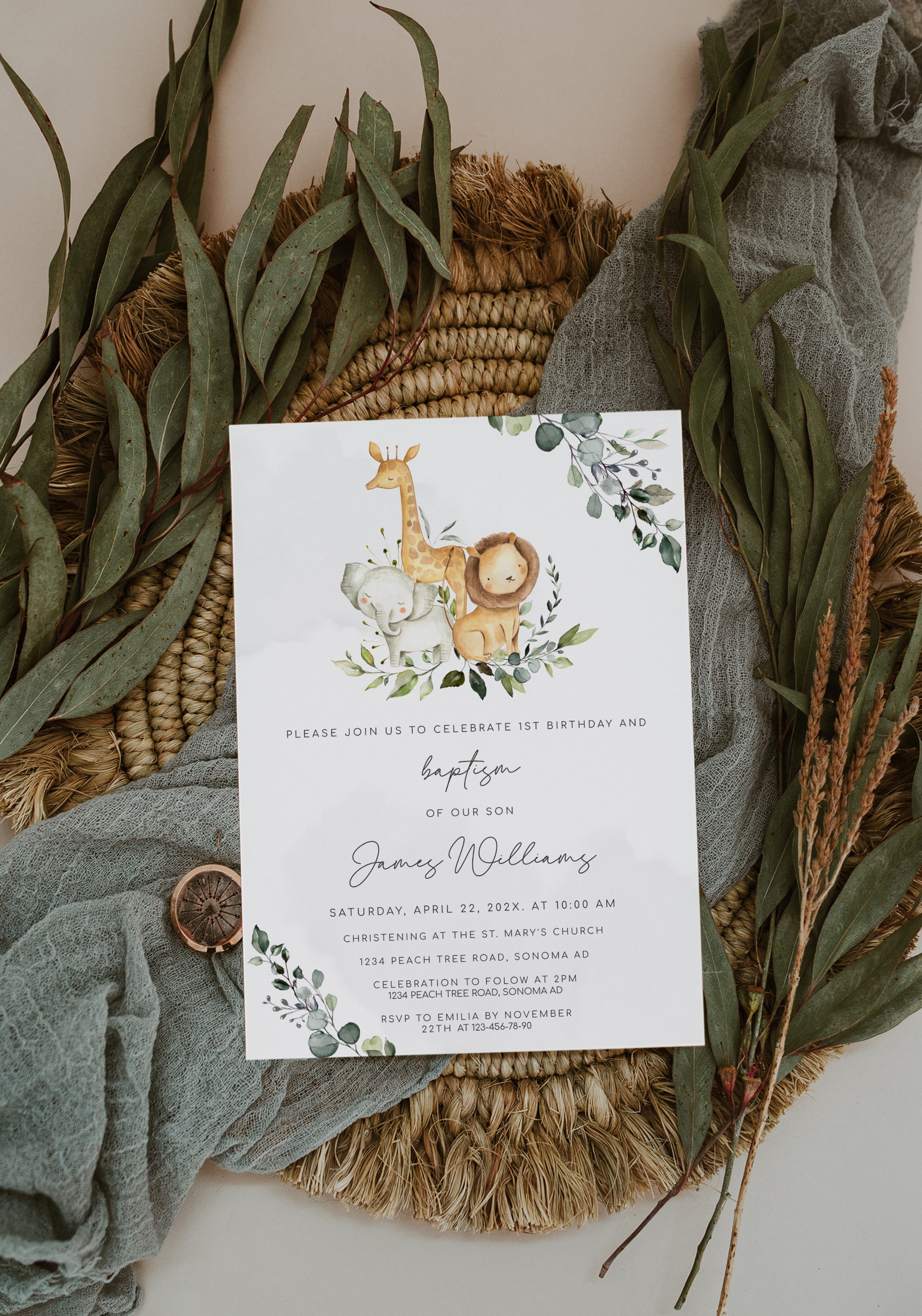 Safari Animals Baptism and Birthday Invitation Template - Etsy