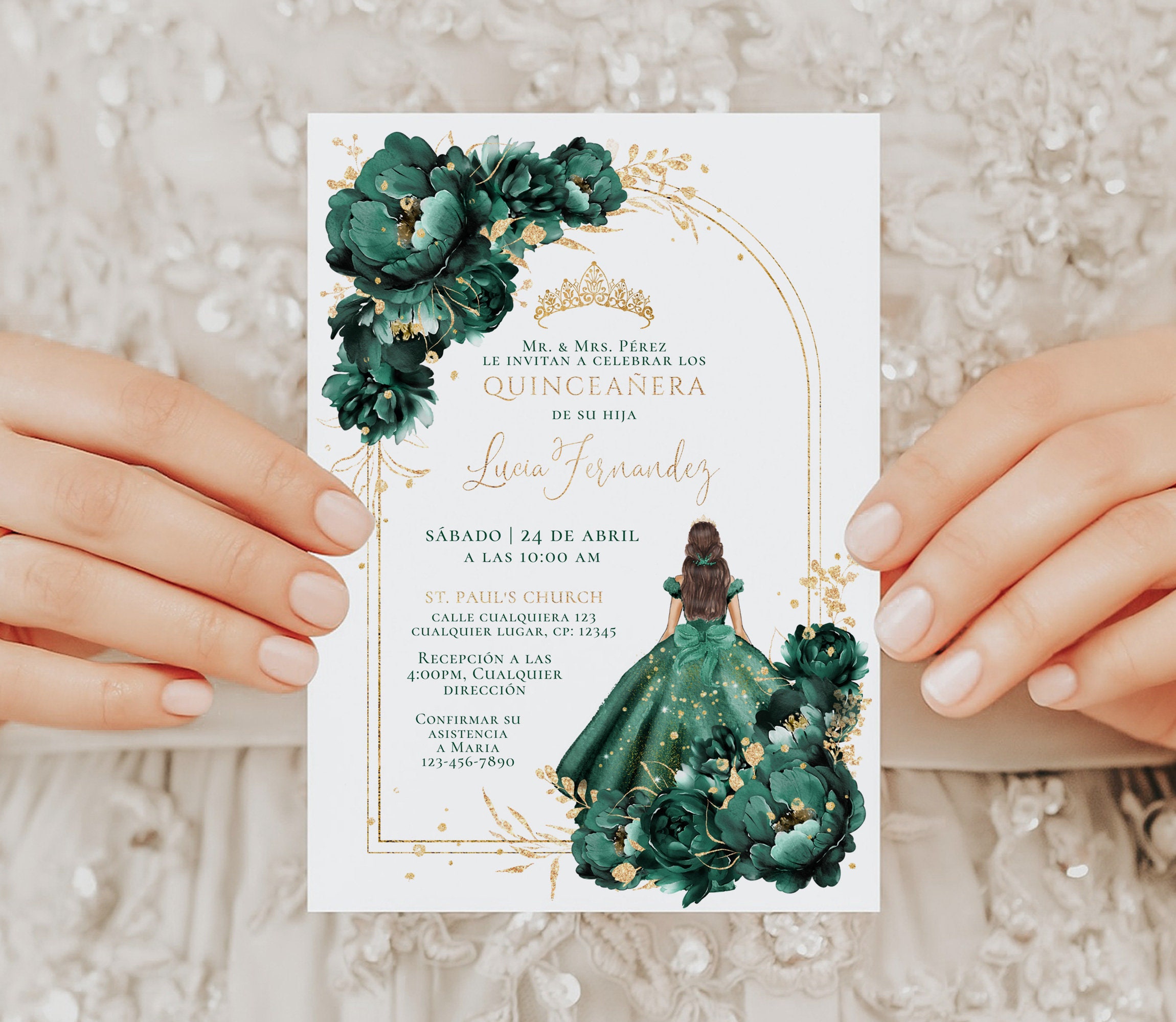 Emerald Green Quinceañera Invitation Printable, Mis Quince Invite 15 ...
