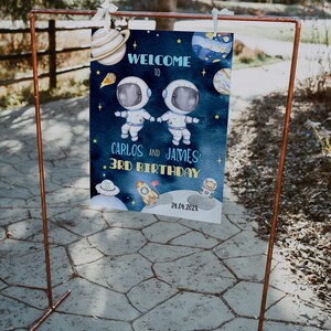 Space Themed Twin Birthday Welcome Sign Printable, Galaxy Welcome 3rd ...