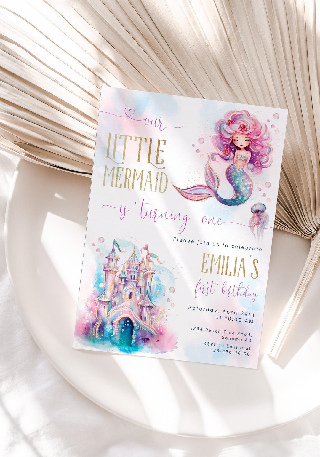 Purple Mermaid 1st Birthday Invitation Printable, Our Little Mermaid is ...