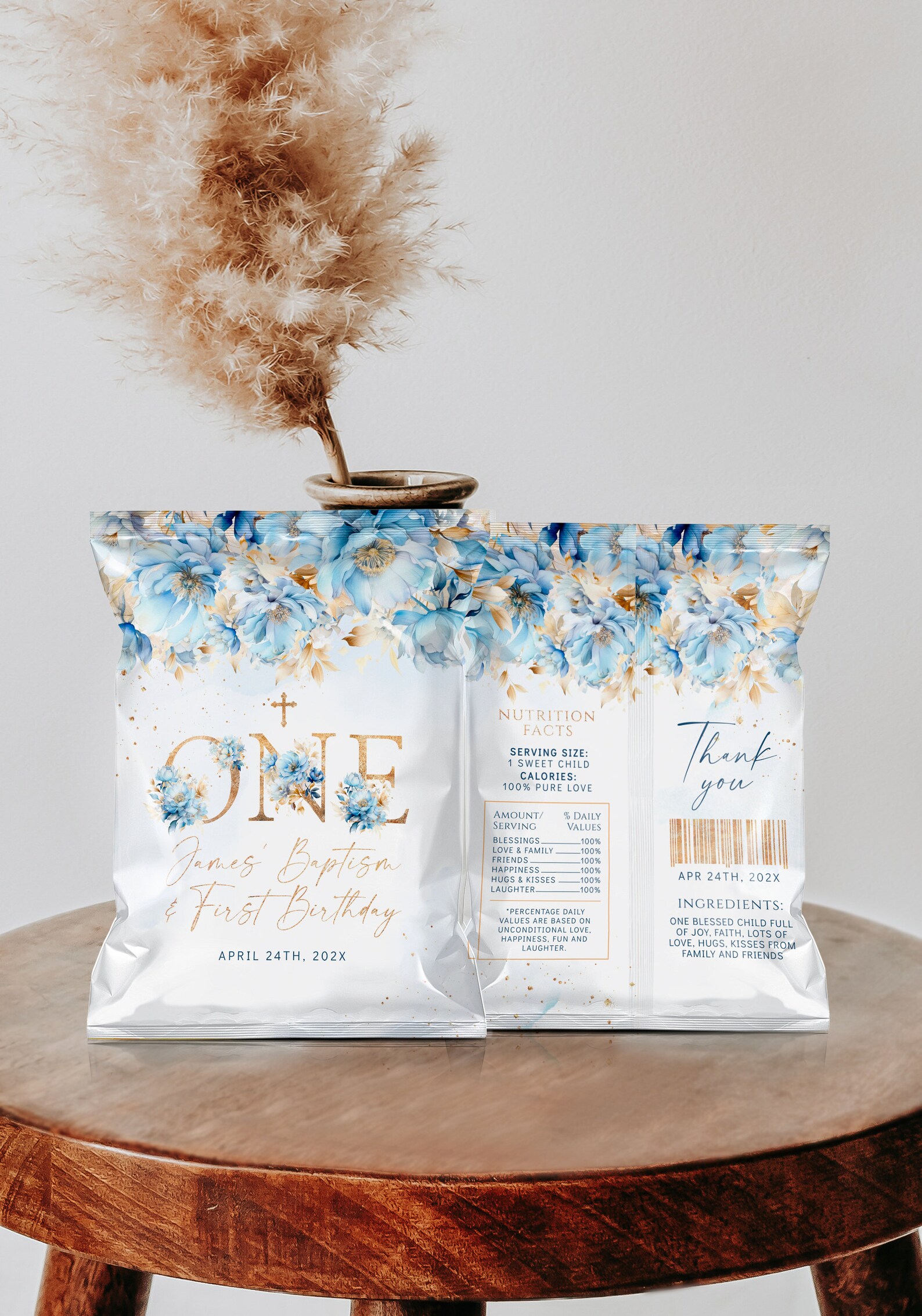 Christening Chip Bag Floral Printable Blue Gold Baptism Chip - Etsy