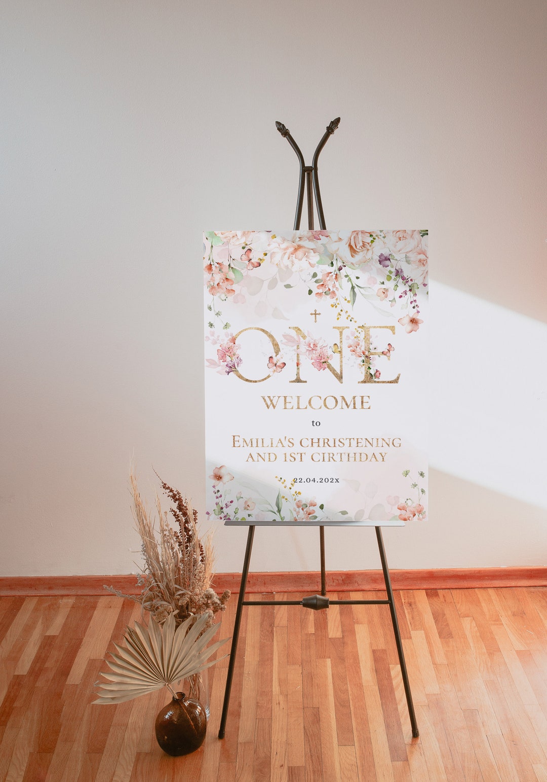 Garden Floral Baptism First Birthday Welcome Sign for Girl, Floral ...