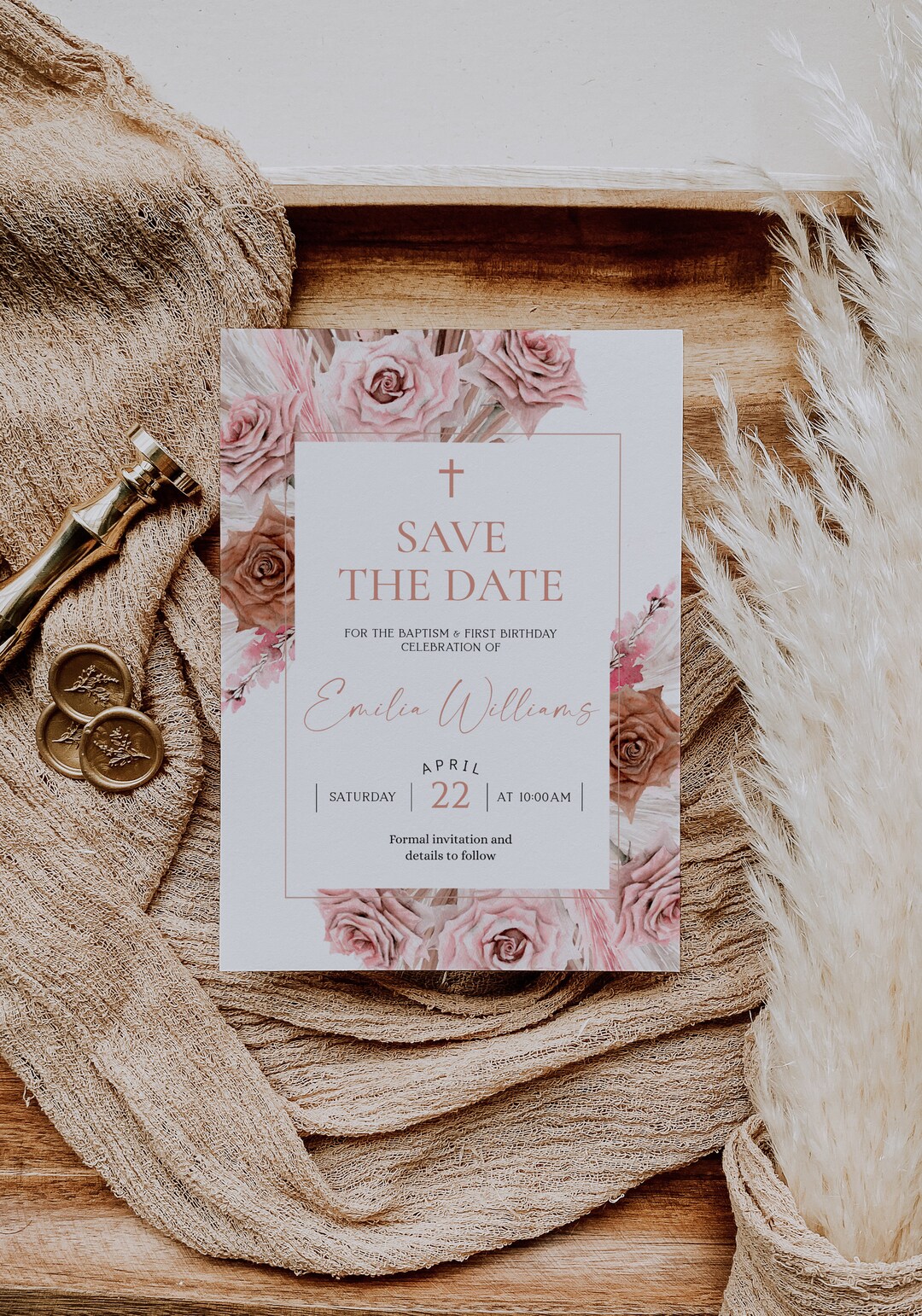 Save the Date Bohemian Baptism and First Birthday Girl, Boho ...