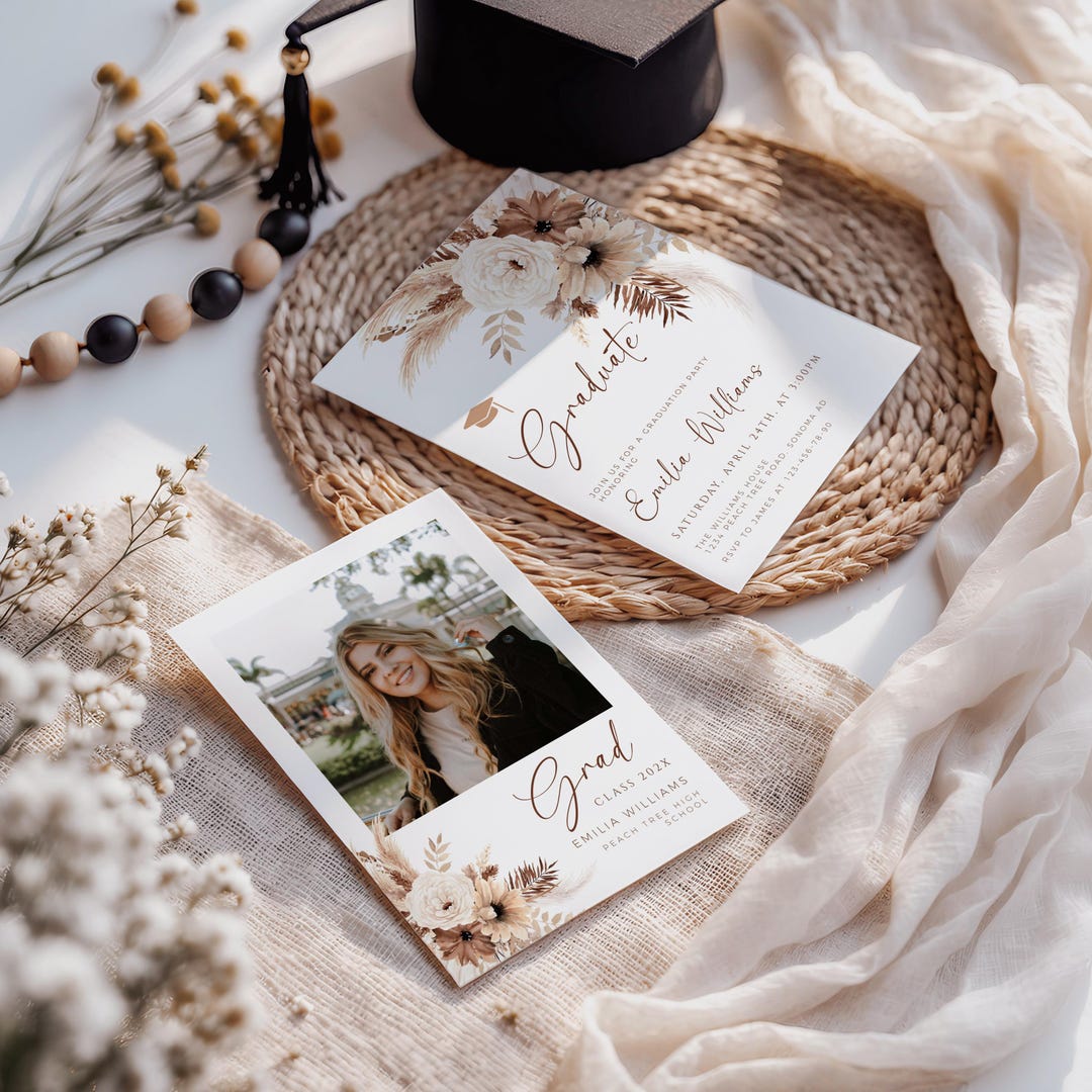 Pampas Grass Graduation Invitation With Photo: Boho Announcement Dry ...