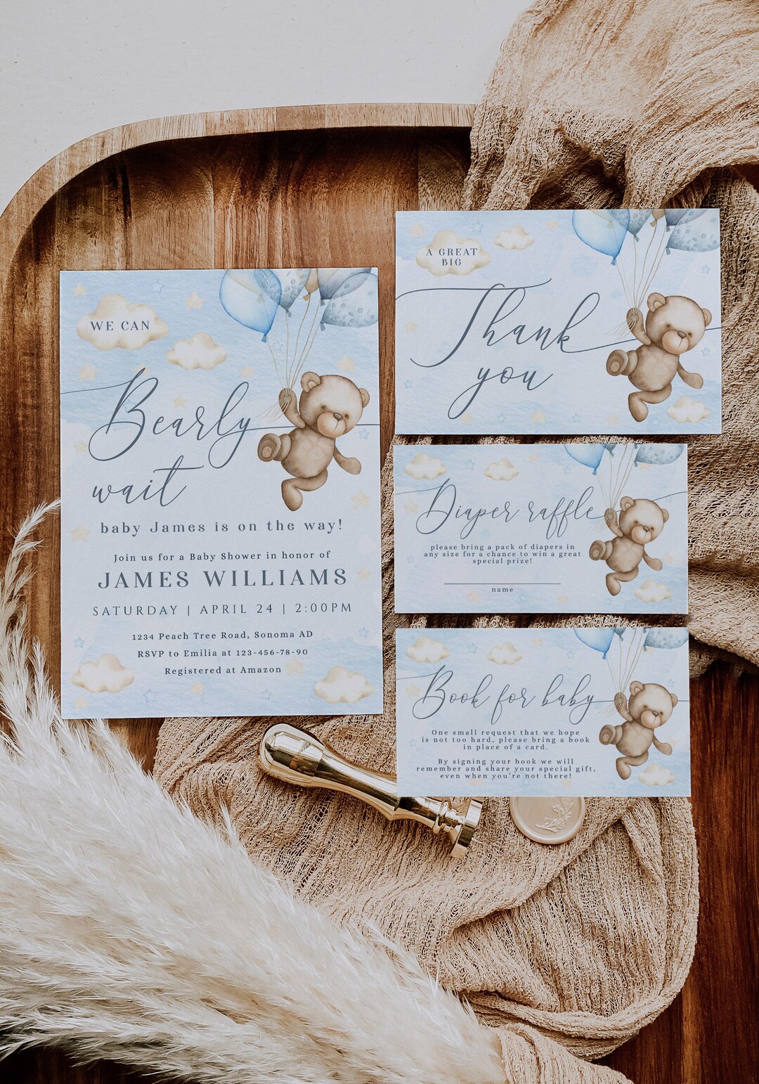 Blue Balloons Bear Baby Shower Invitation Set Printable, Bear Boy Baby ...