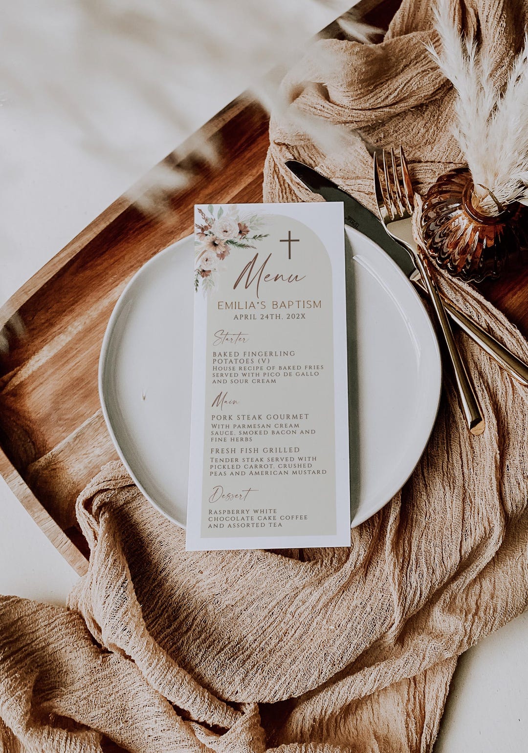 Boho Arch Baptism Menu Printable, Bohemian Christening Menu Card, Beige ...