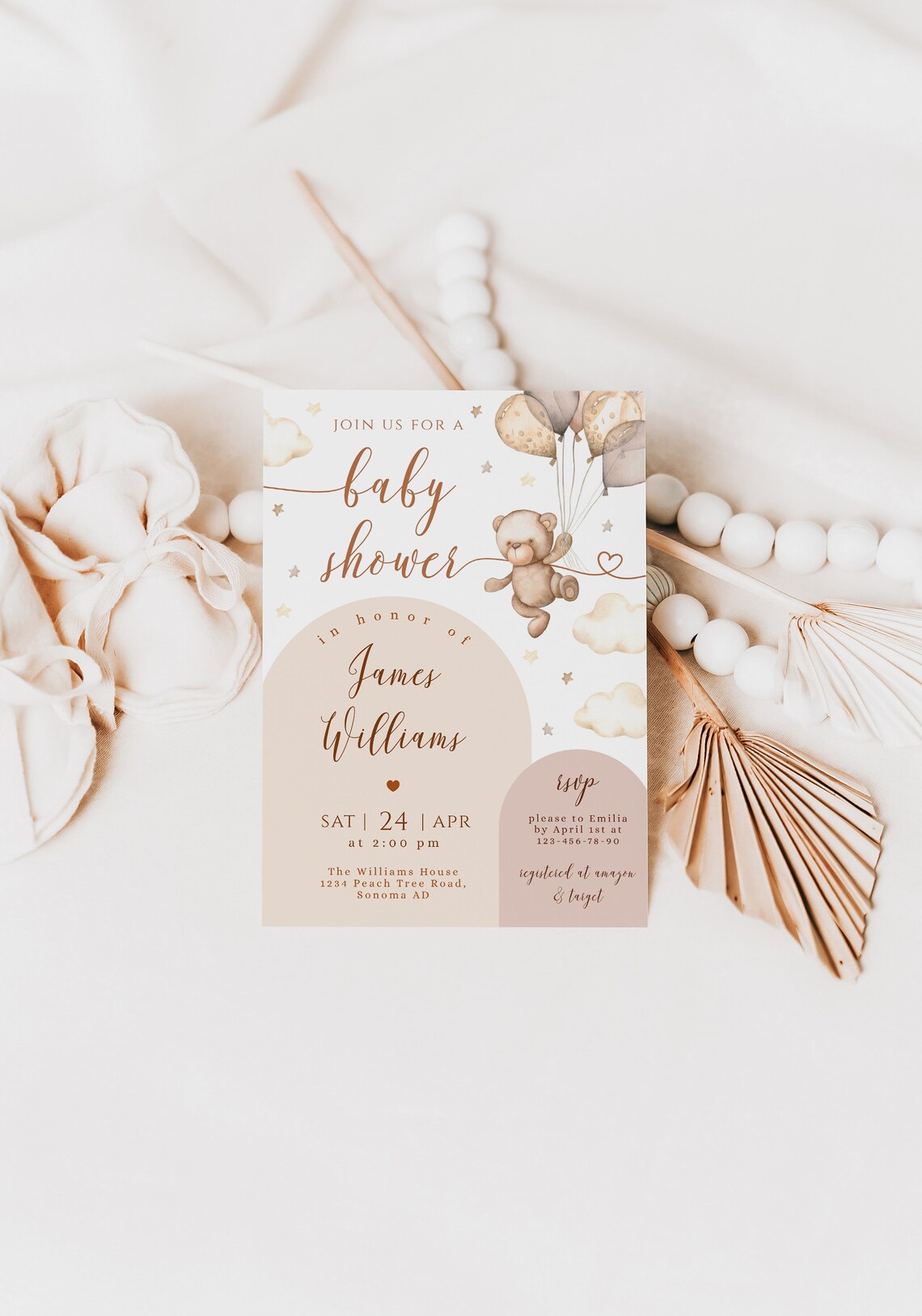 Brown Beige Bear Balloons Baby Shower Invitation Cord Gender Neutral ...