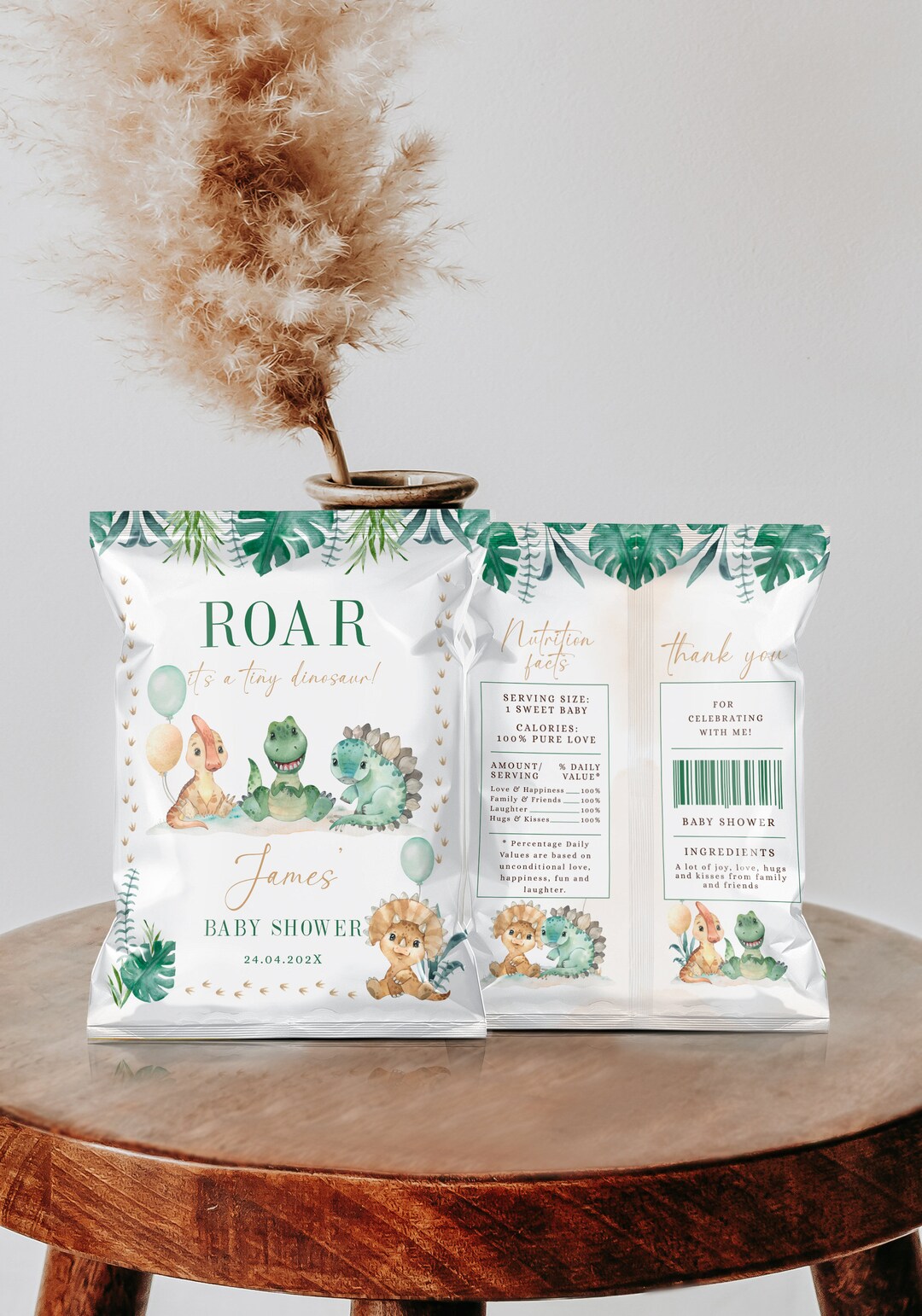 Roar Dino Chip Bag Labels Editable Greenery Decor, Dinosaur Baby Shower ...