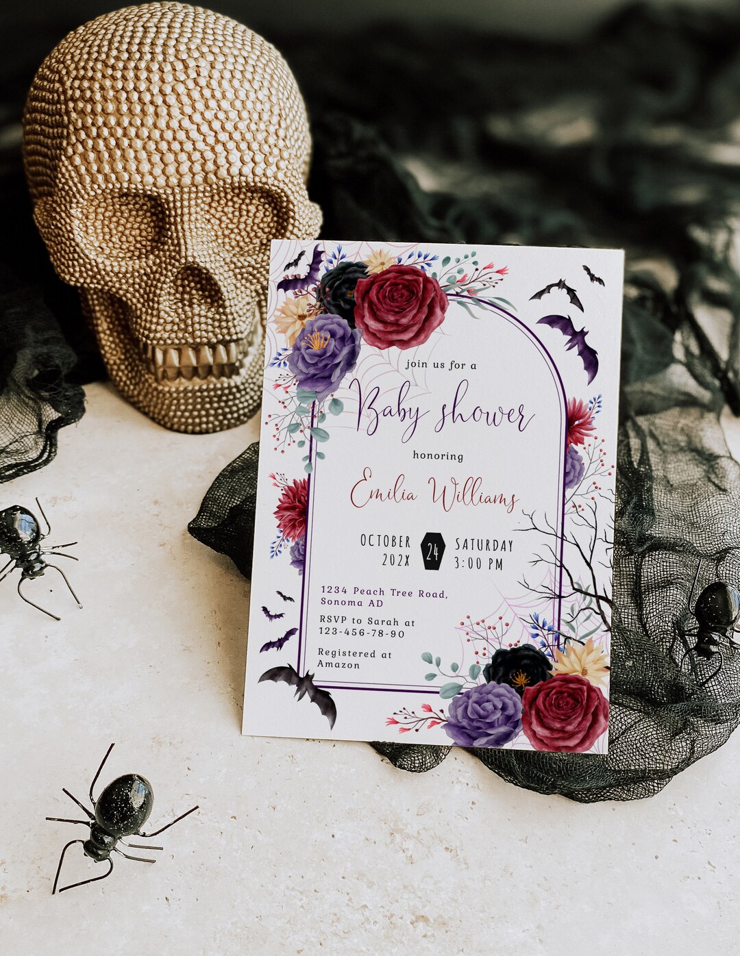 Girl October Gothic Floral Baby Shower Invitation, Halloween Baby ...