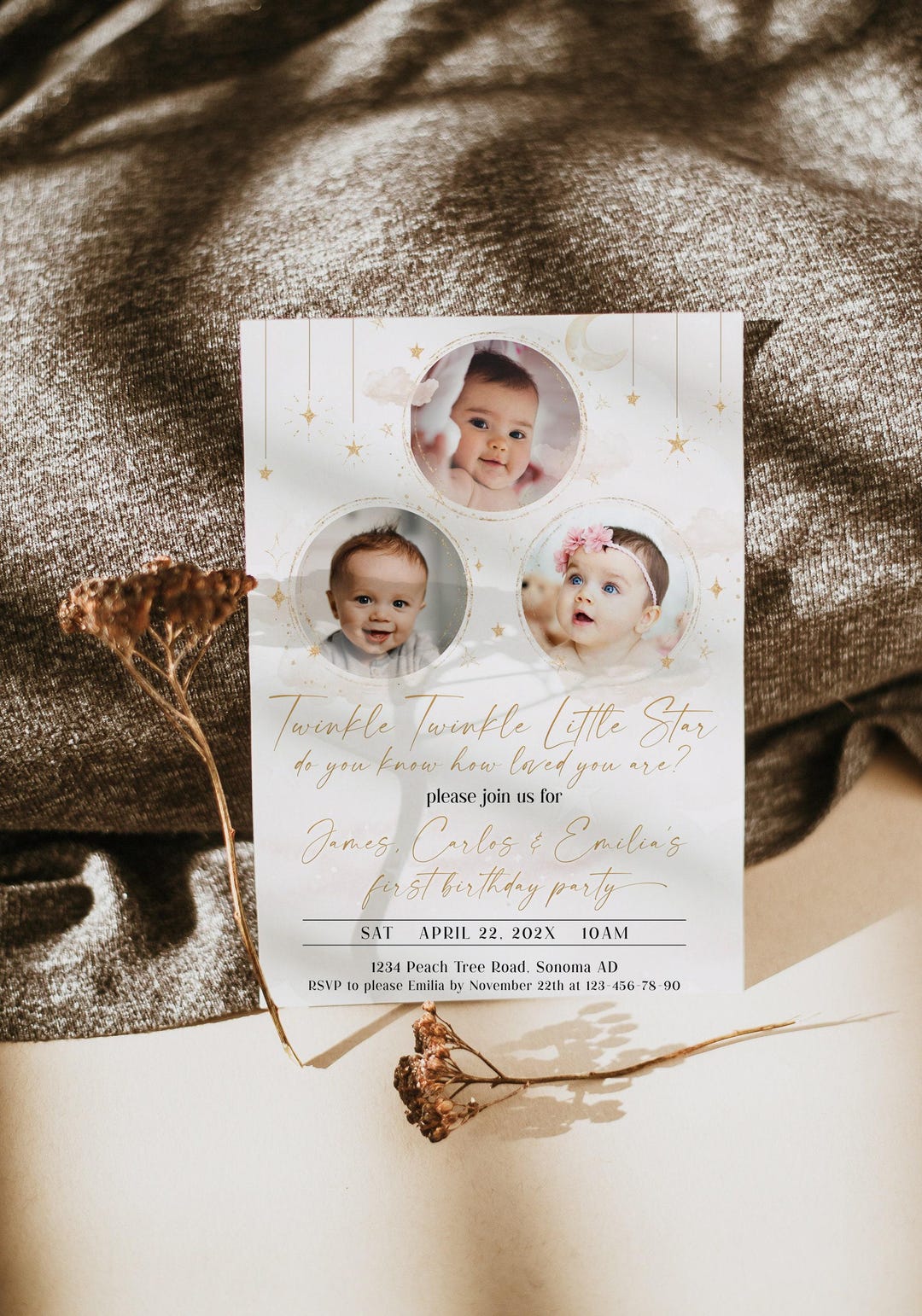 Twinkle Little Star Triplets Invite Printable, Triplets 1st Birthday ...