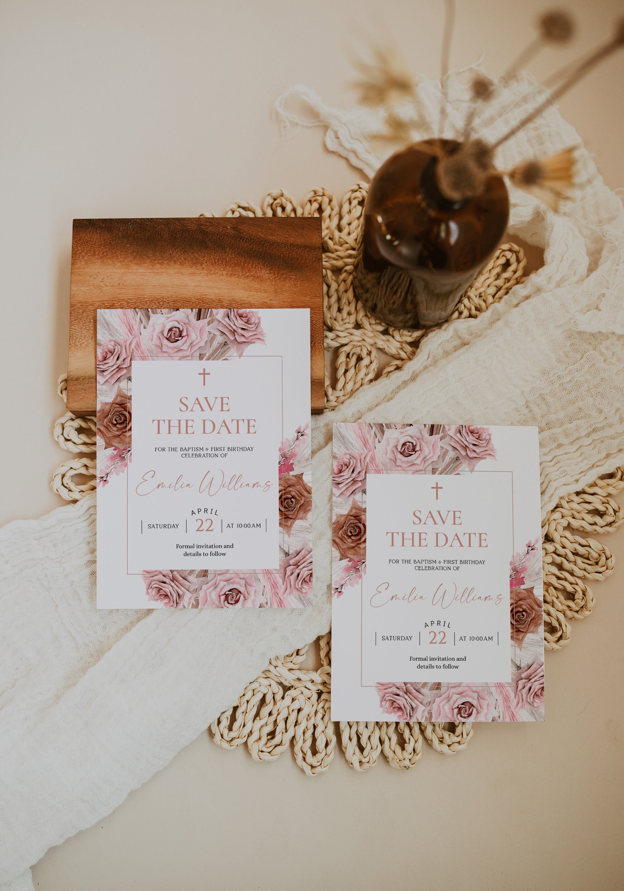 Save the Date Bohemian Baptism and First Birthday Girl Boho - Etsy