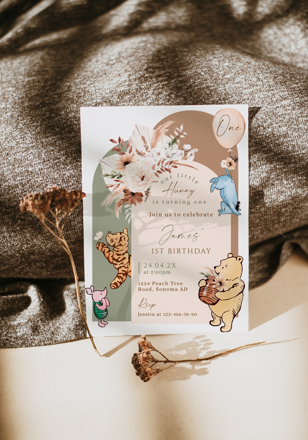 Winnie Template Birthday Party Invitations for a Girl or Boy, Floral ...