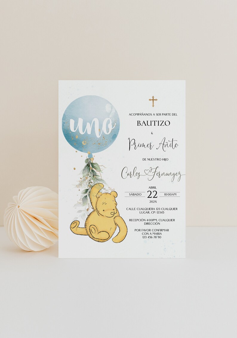Winnie Pooh Invitacion Bautizo Uno En Espanol, Bautizo Y Primer Añito ...