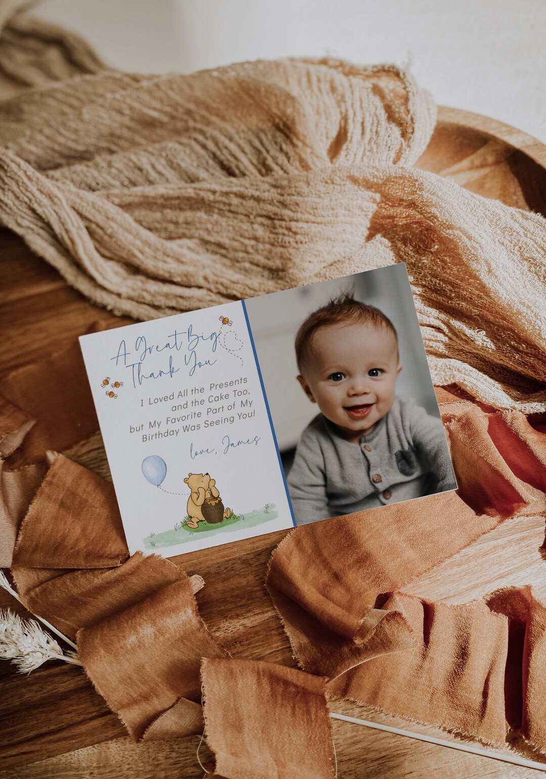 Classic Winnie the Pooh Boy Birthday Thank You Card With Photo Printable, Little Hunny With Blue ...