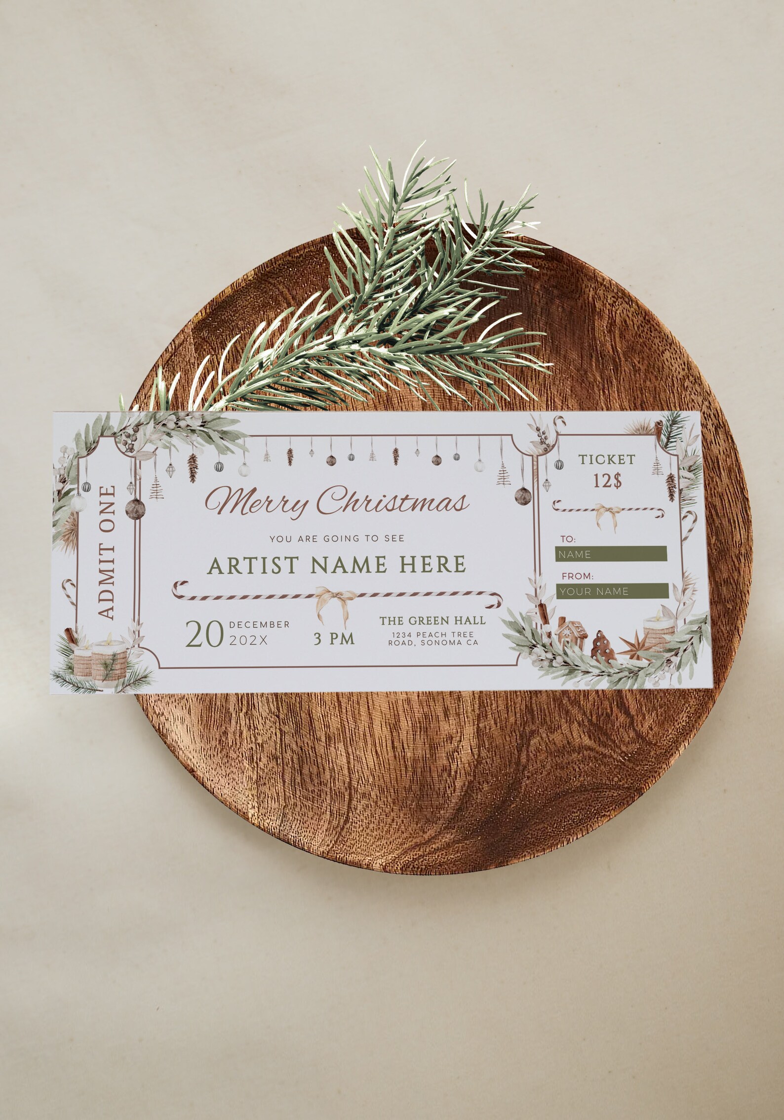 Event Ticket Template, Christmas Gift Surprise Concert Ticket, Movie ...