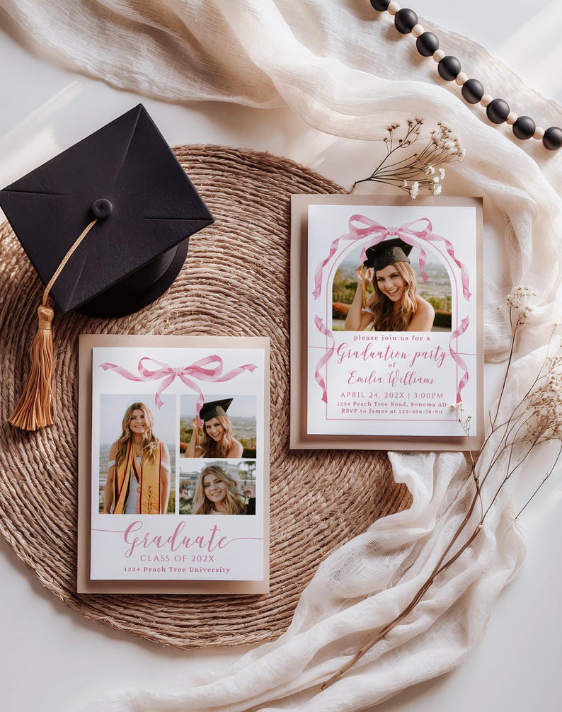Pink Bow Graduation Announcement Invitation With Photo Printable ...