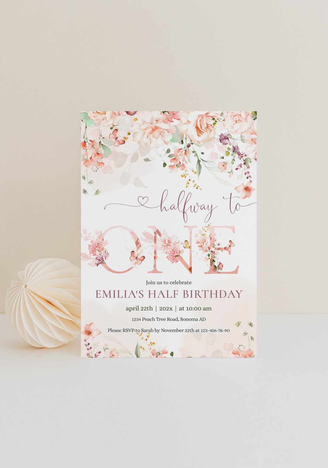 Girl 1/2 Birthday Invite, Half Way to One Birthday Invitations for Gilr ...