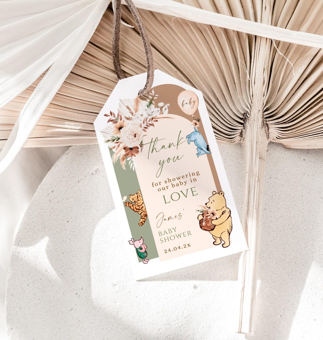 Boho Winnie the Pooh Baby Shower Thank You Tag Template, Pooh Pampas ...