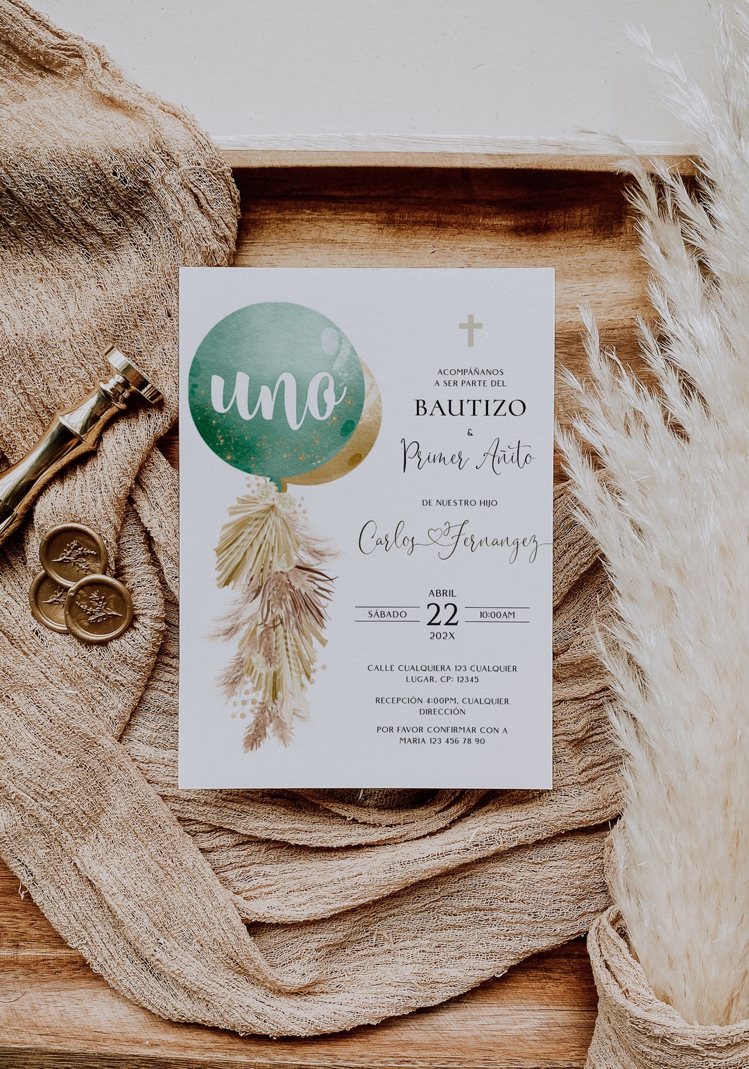 Green Gold Boho Baloons Baptism Invite and 1st Birthday Spanish ...