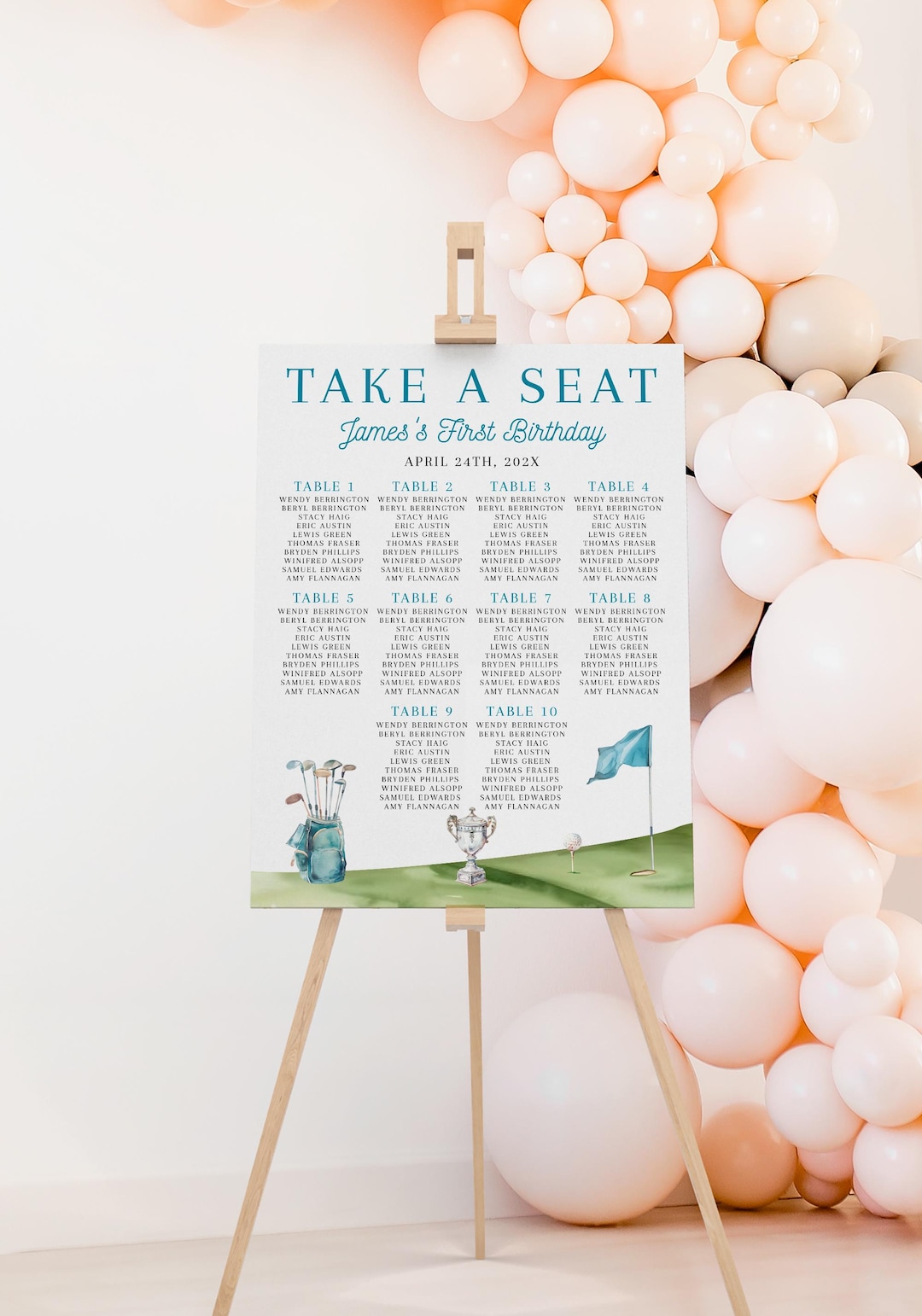 Golf 1st Birthday Party Seating Chart Printable, Golf Sport Theme Boy ...