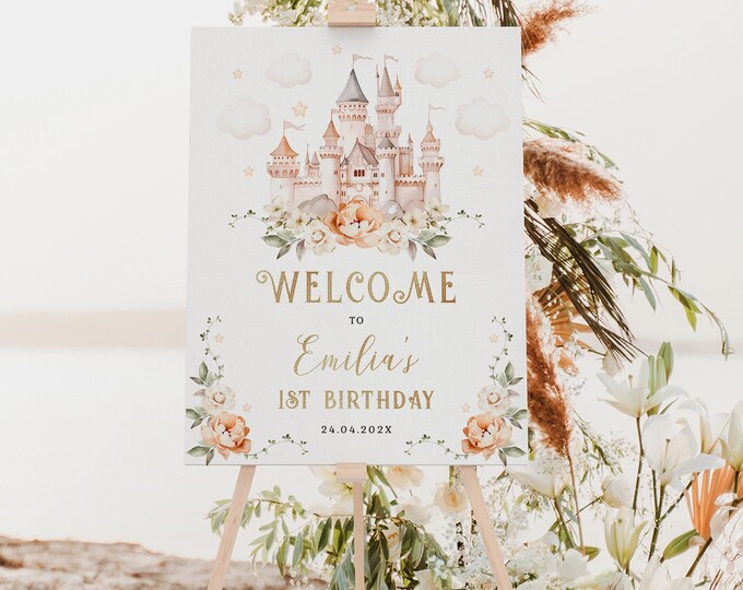 Princess Birthday Welcome Sign Template Floral Decorations, Castle ...