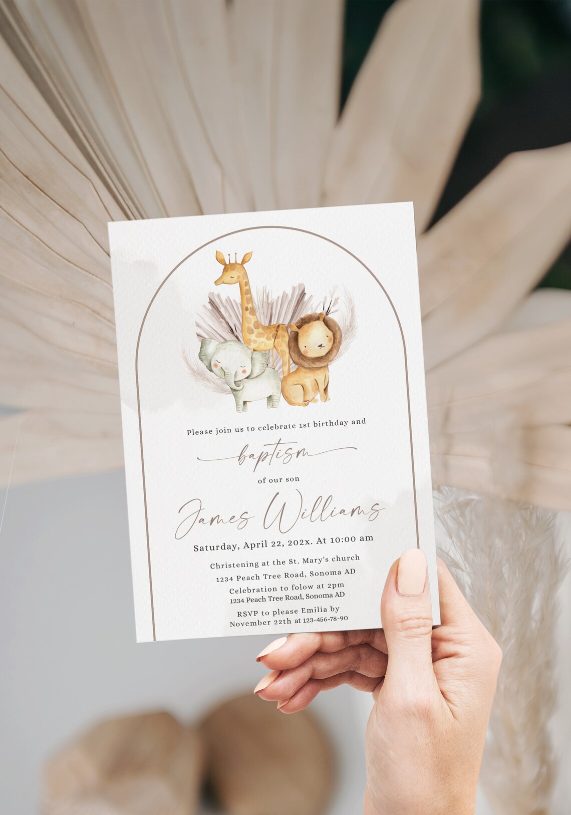 Safari Animals Baptism Invitation Template, Boho Baptism Arch Invite ...