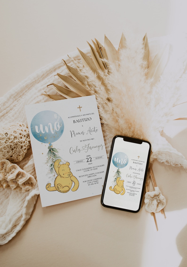 Winnie Pooh Invitacion Bautizo Uno En Espanol, Bautizo Y Primer Añito ...