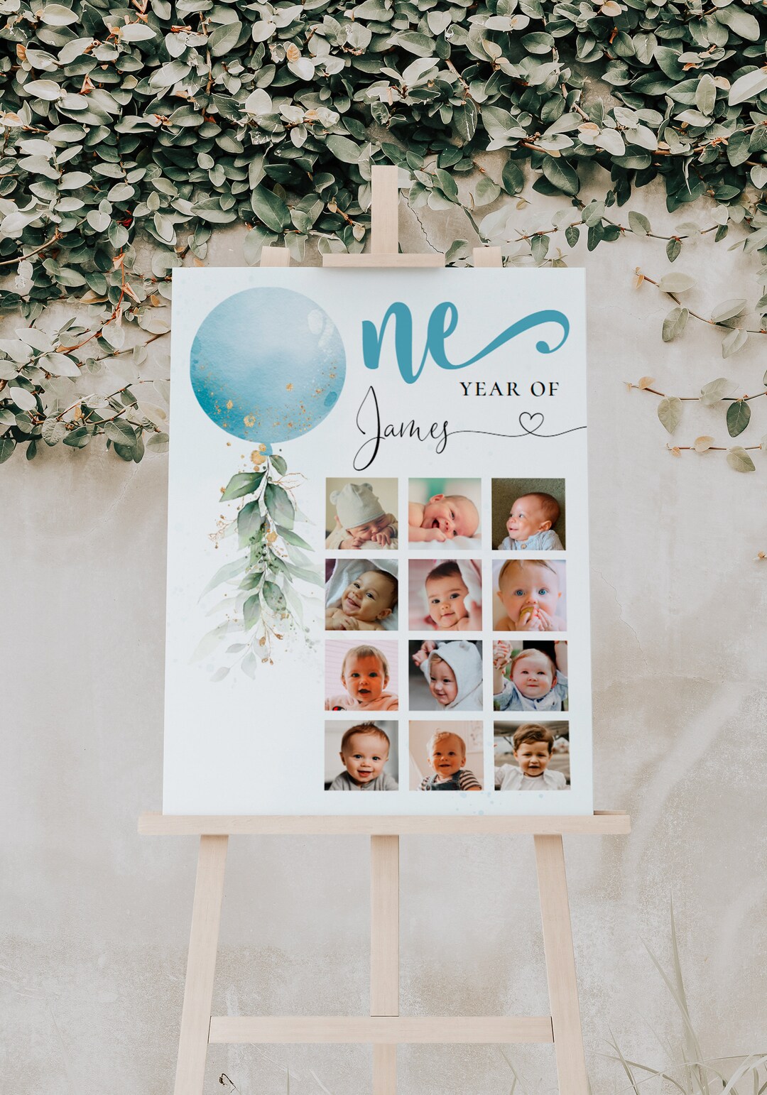 Boy First Year Photo Board Template, 1st Birthday Photo Collage Sign 12 ...