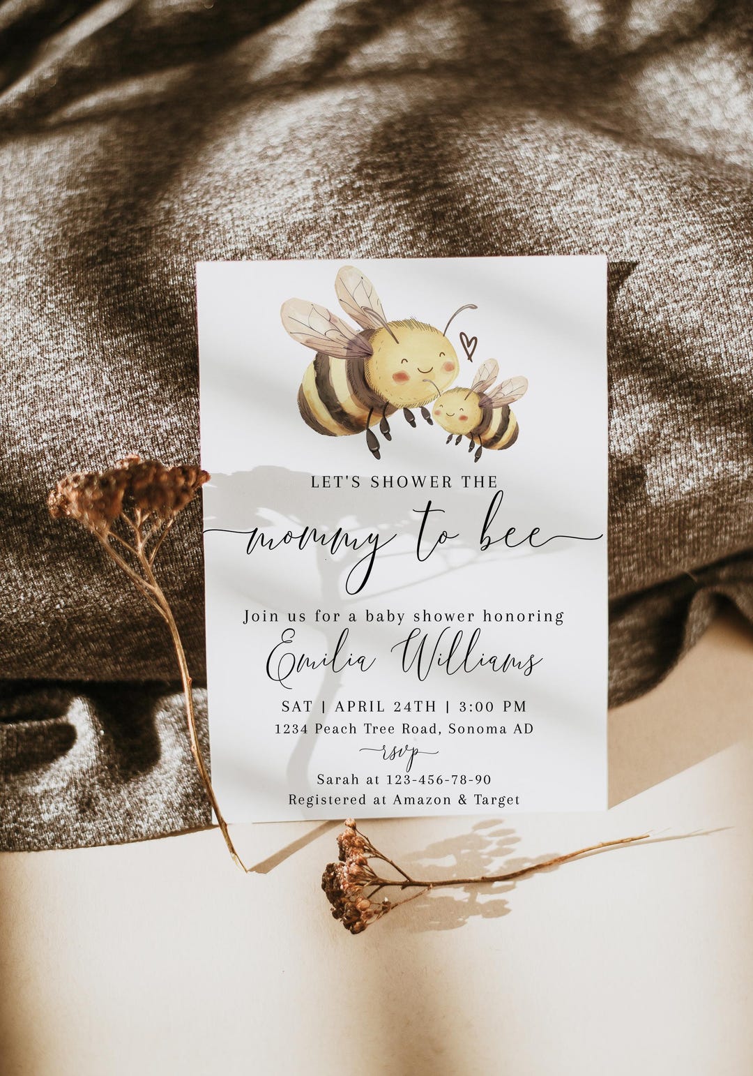 Mommy to Bee Baby Shower Invitation Printable, Modern Watercolor Bee ...