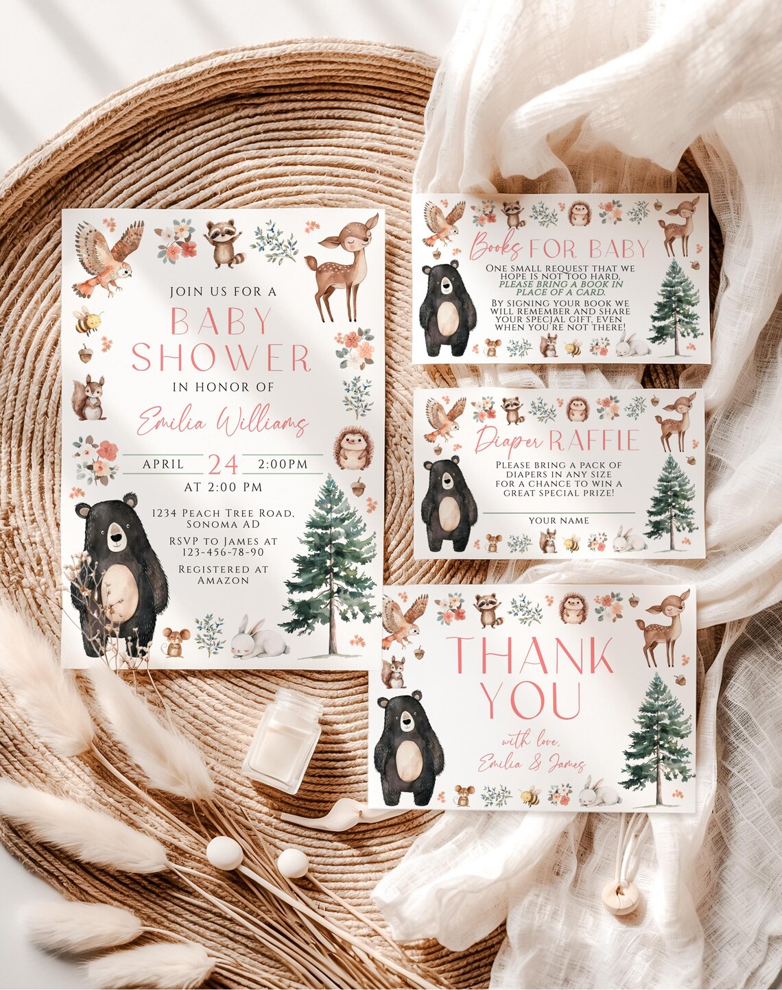 Forest Animals Baby Shower Invitation Set Printable: Evergreen Woodland ...