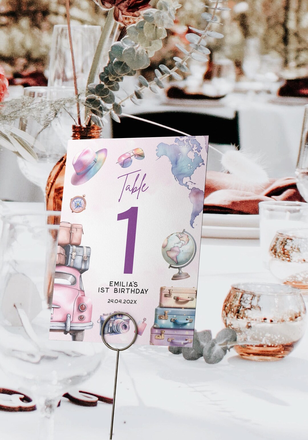 Purple Vintage Map Birthday Party Table Number Printable, World Travel ...