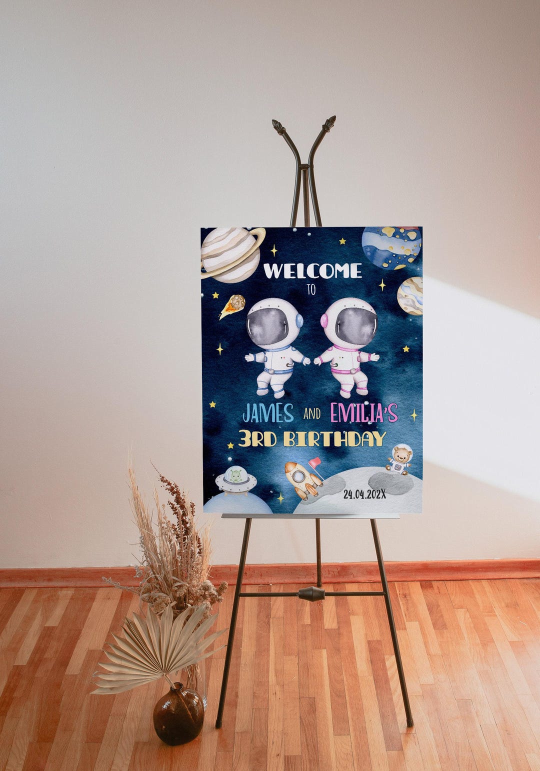 Outer Space Birthday Welcome Poster for Twins Printable, Boy and Girl ...
