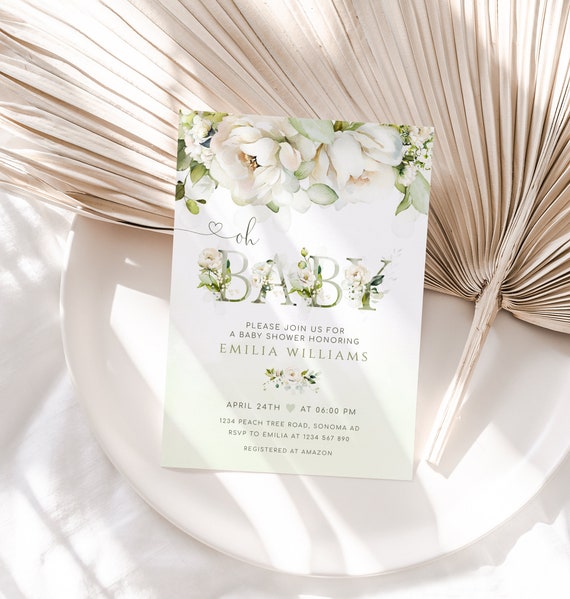 Oh baby invitation template, white floral baby shower invitation ...