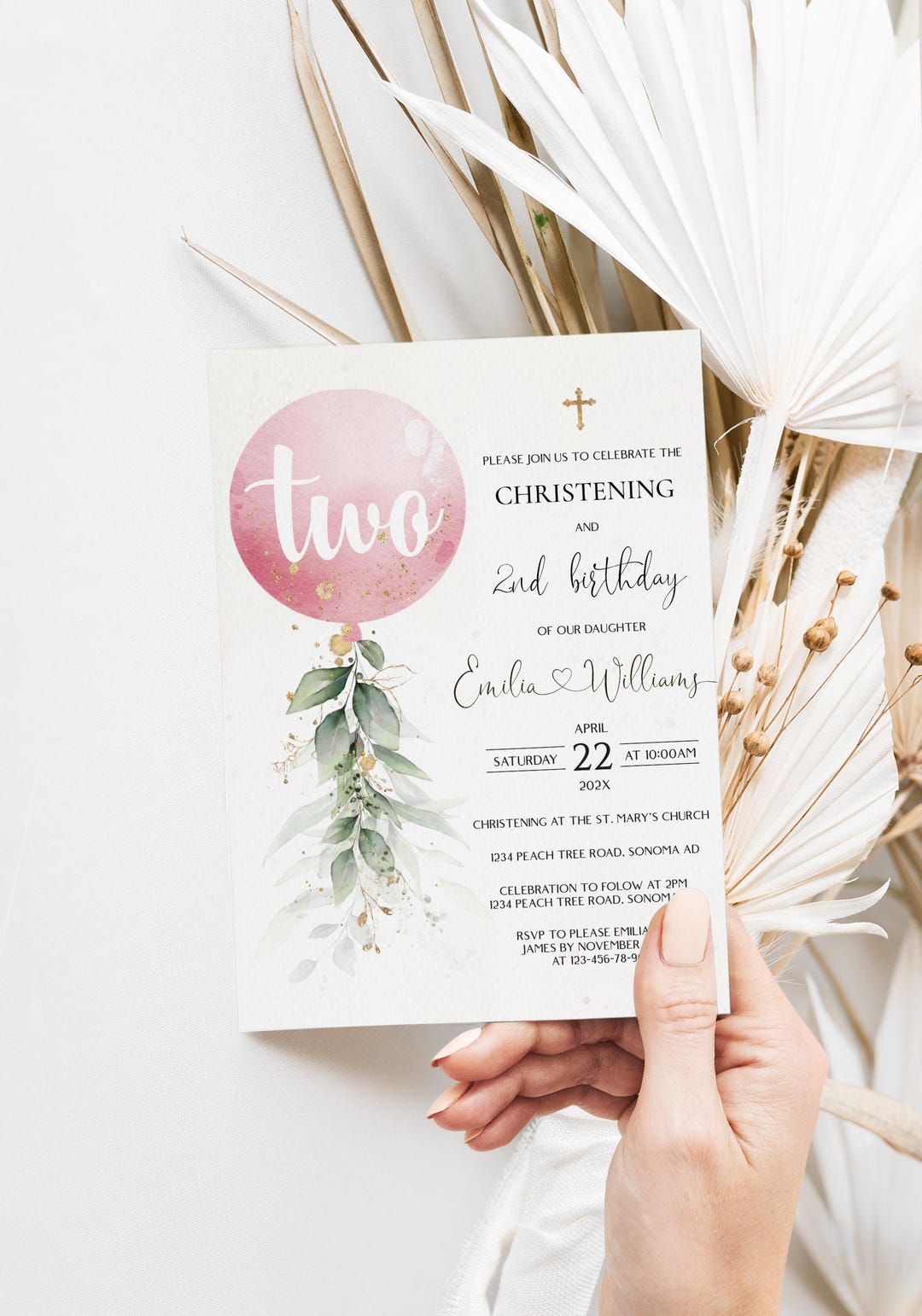 Christening and 2th Birthday Invitation Template, Baptism and Two ...