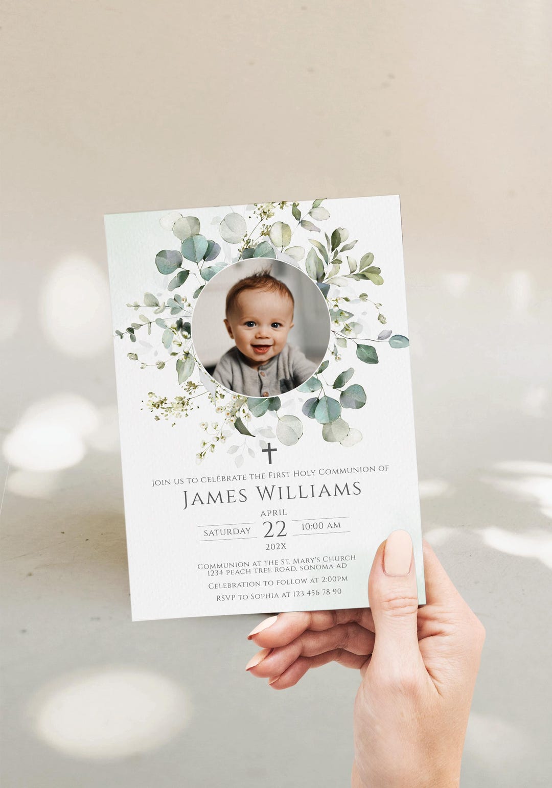 First Holy Communion Invitation Printable, Green Leaves First Holy ...