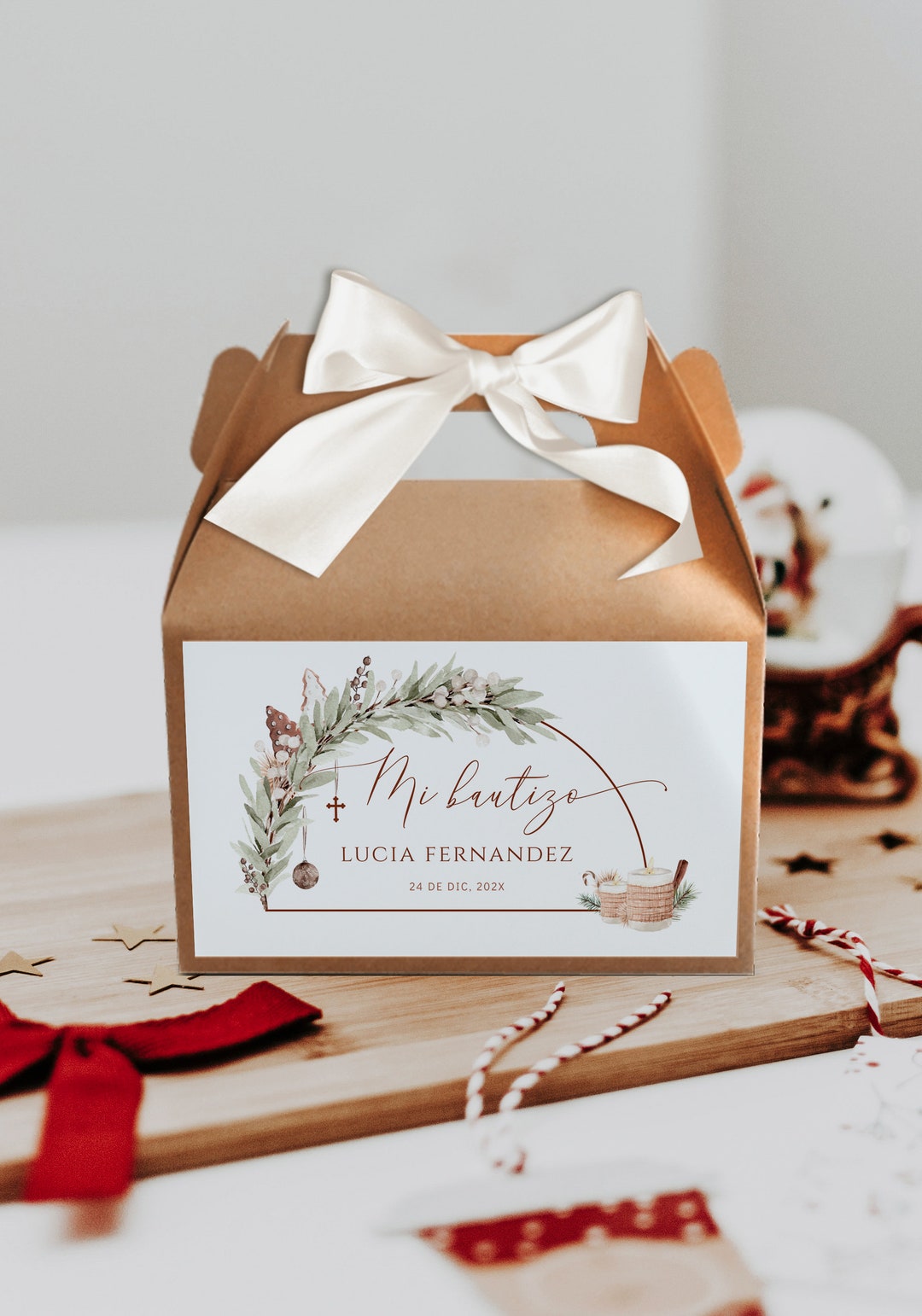 Mi Bautizo Rama De Olivo Gracias Box Spanish Printable, Greenery Winter Baptism Favor Box Label ...