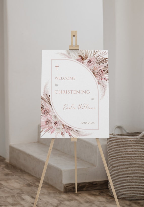 Bohemian pink girl christening welcome sign template, boho modern ...