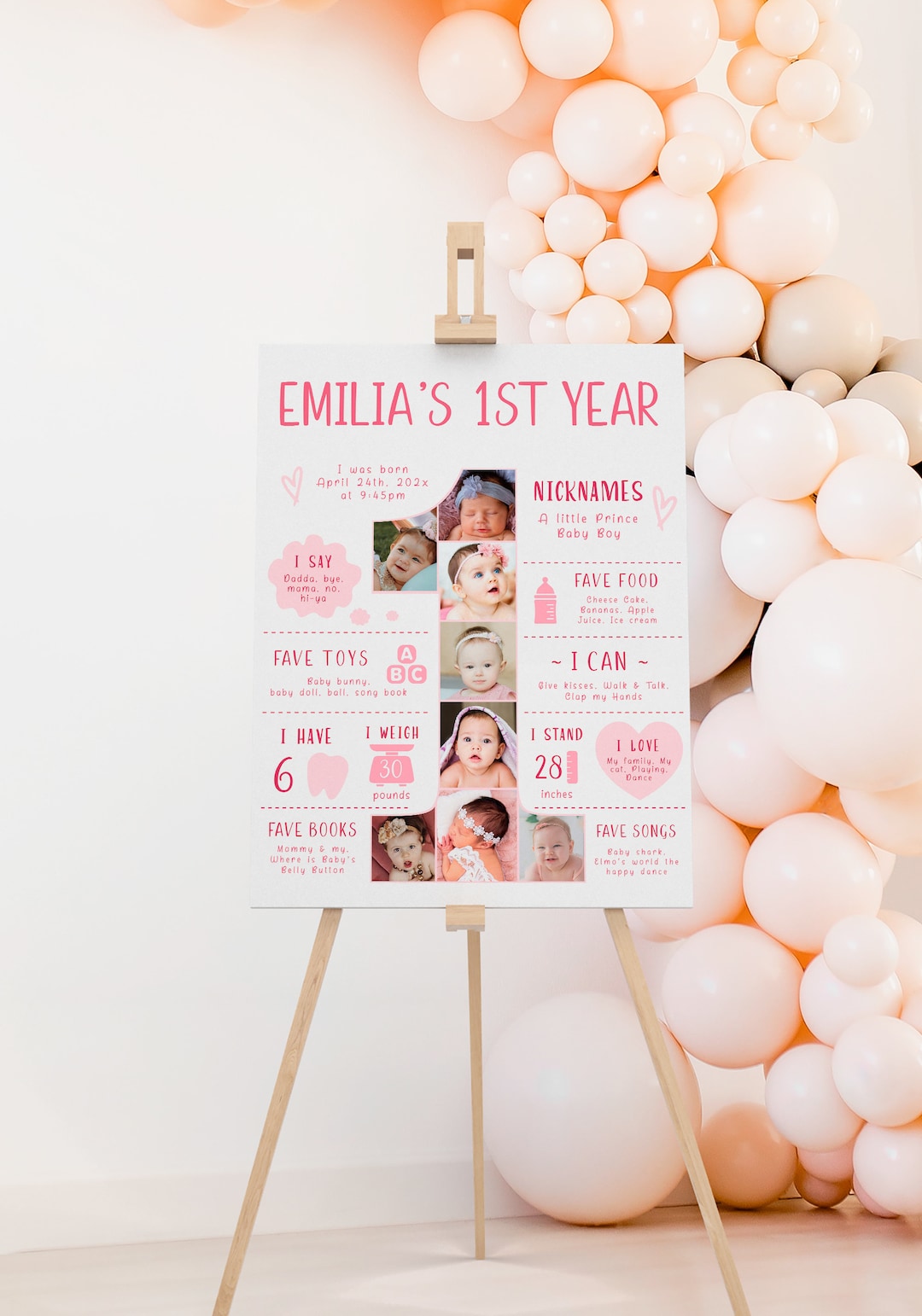 First Birthday Poster With Photos Pink Sweet Girl Editable, Baby 1st ...