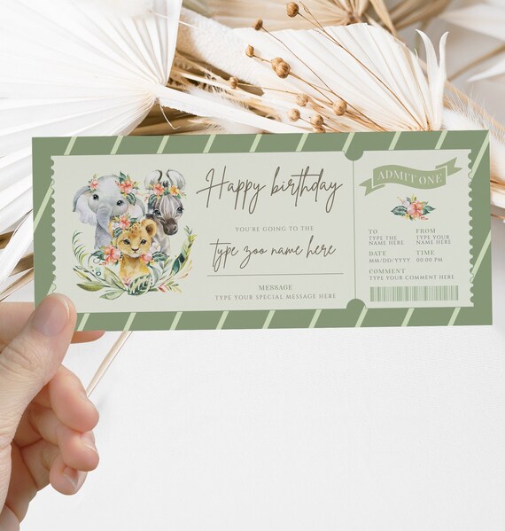 Zoo printable ticket, happy birthday Zoo gift voucher template DIY ...