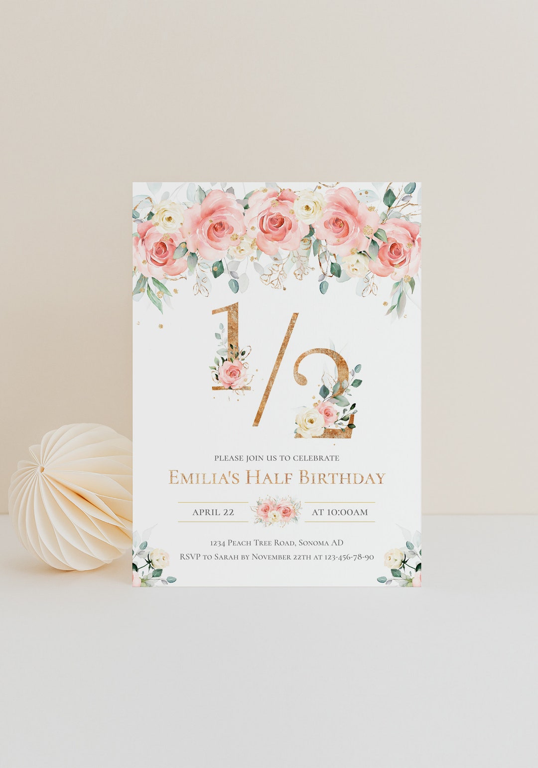 Half Birthday Invitations for Girl Printable, 6 Months Pink Floral ...