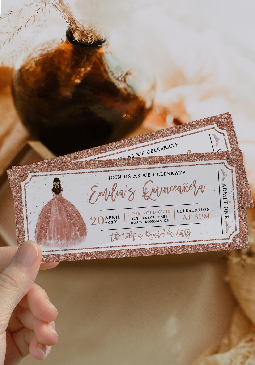 Rose Gold Quinceañera Invitation Ticket Printable, Rose Gold Glitter ...