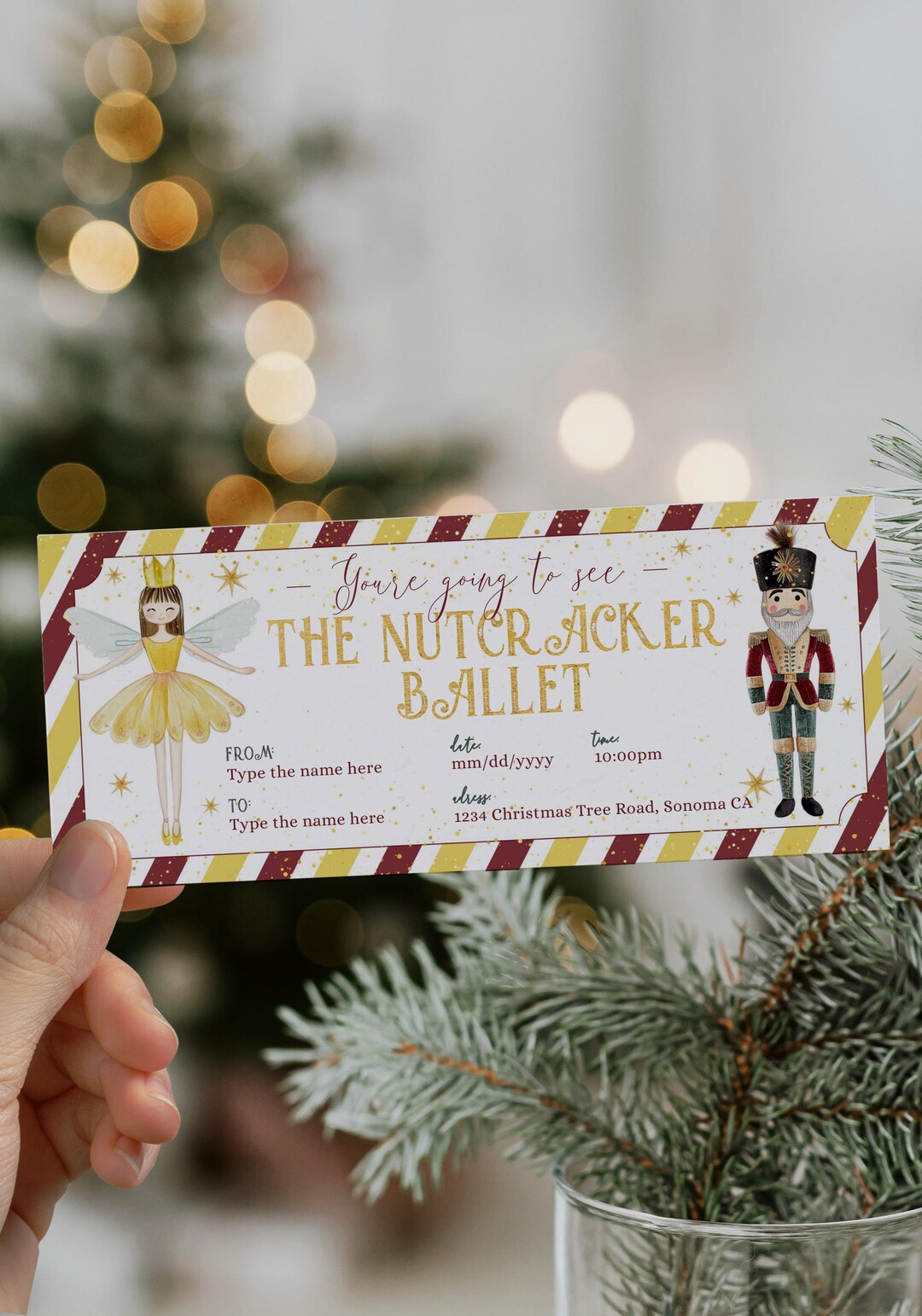 Nutcracker Ballet Gift Ticket Editable, Yellow Ballerina Ballet Voucher ...