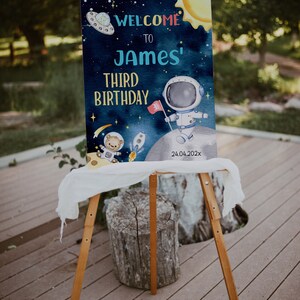 Blue Boy Outer Space Welcome Sign Poster, Astronaut Moon Space Party ...