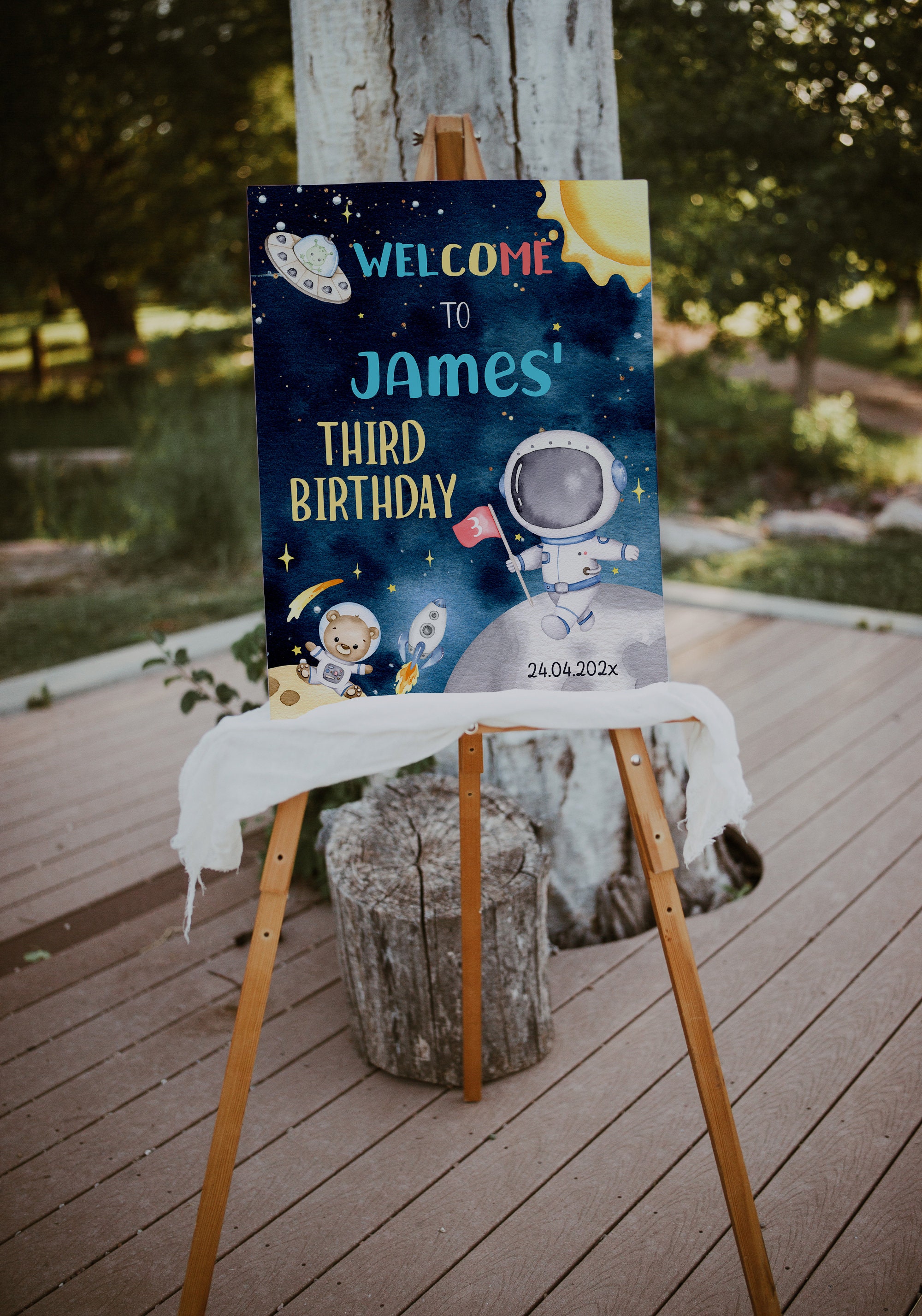 Blue Boy Outer Space Welcome Sign Poster, Astronaut Moon Space Party ...