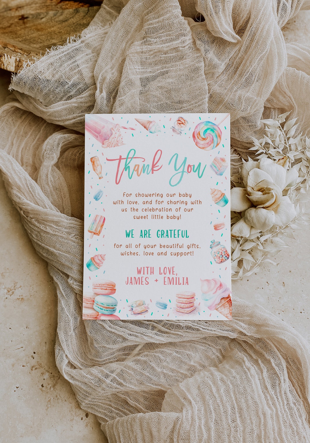 Editable Donuts Candy Thank You Card for Girl Baby Shower Party, a ...
