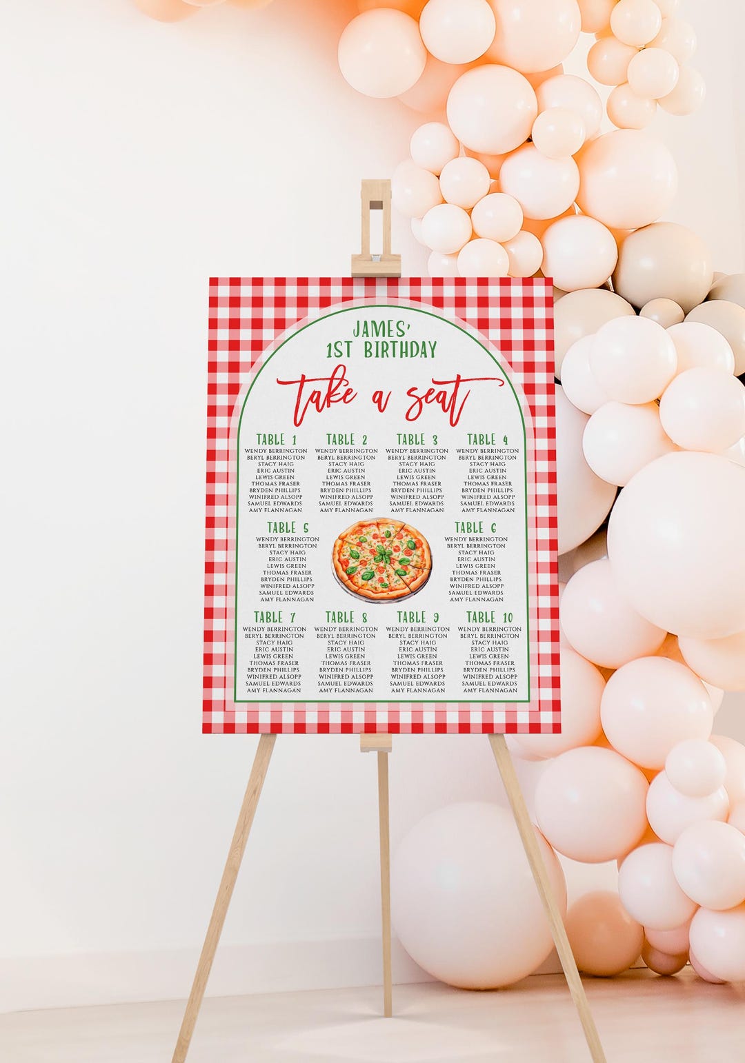 Pizza Party 1st Birthday Seating Chart Printable, Pizzeria Theme Red ...