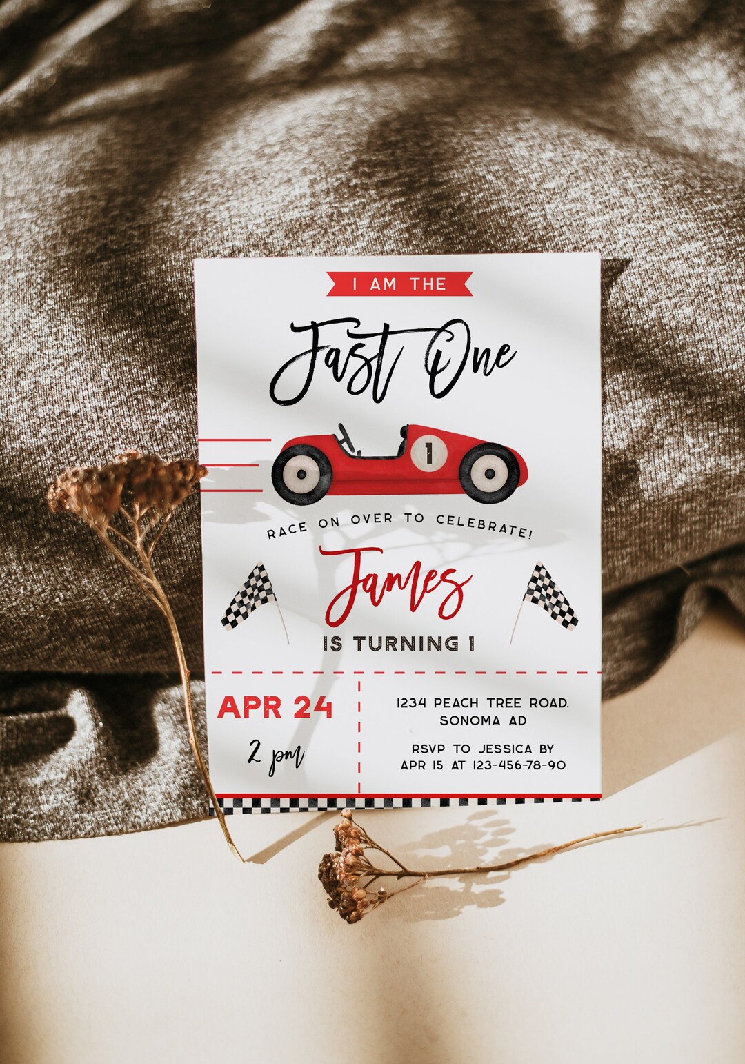 Fast One Red Racing Car Birthday Invitation Editable, Modern Race Car ...