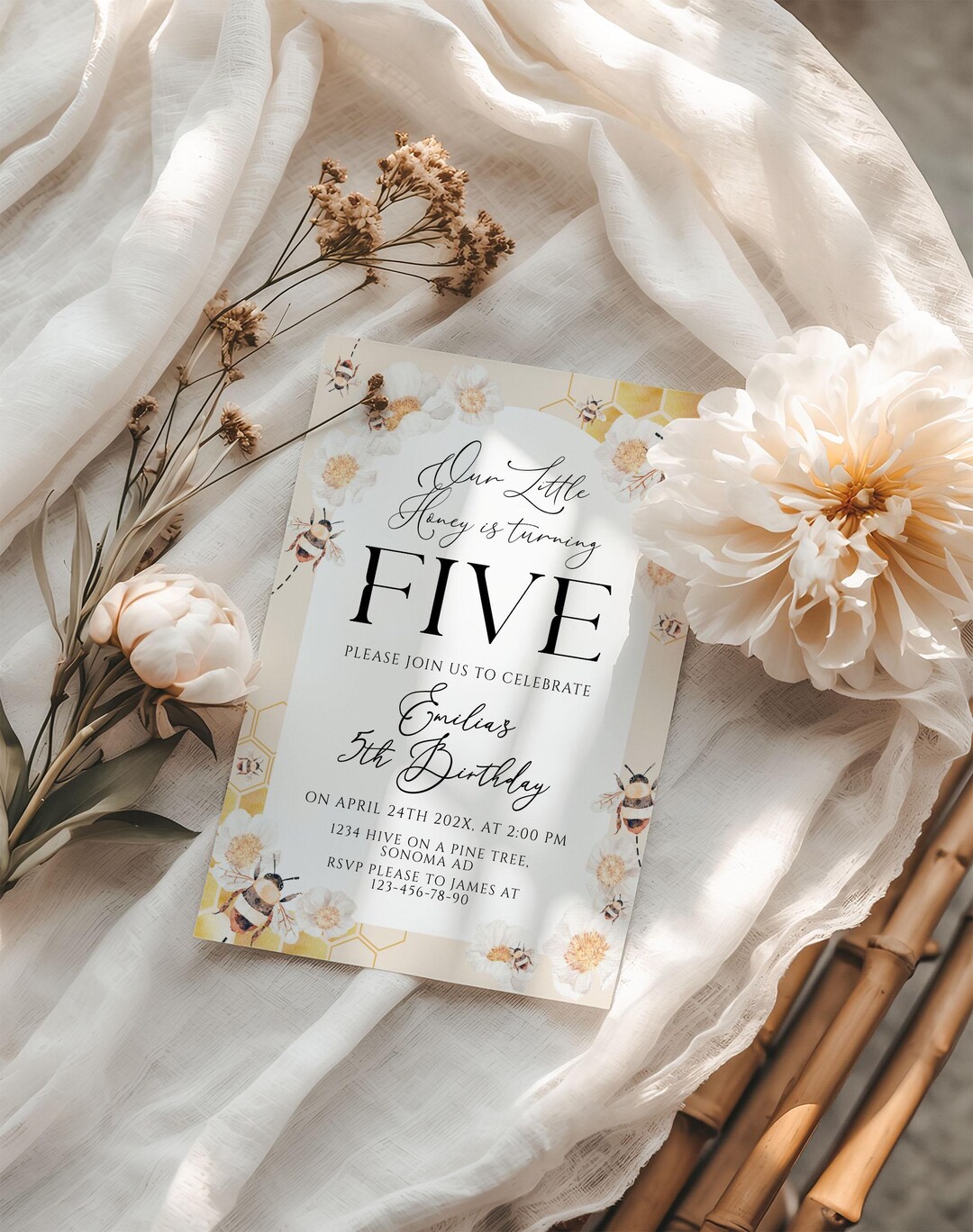 Bee Flower Fifth Birthday Invitation Printable Our Little Honey is ...