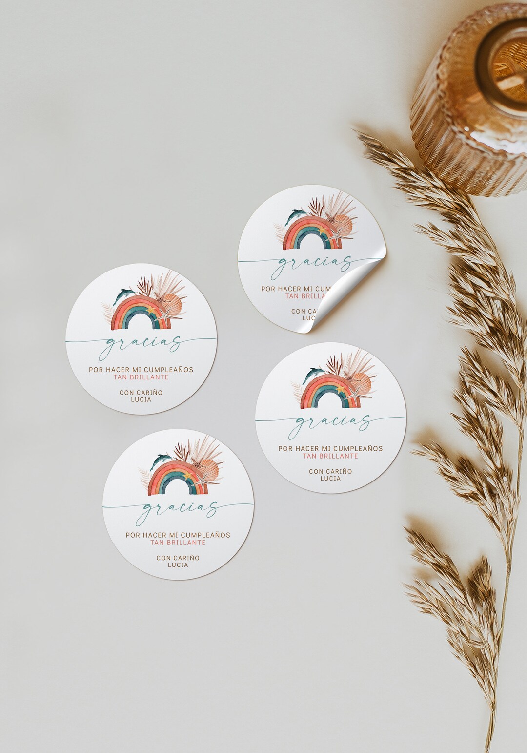 Concha De Coral Delfín Girl Sticker for Favors En Español, Boho Rainbow ...